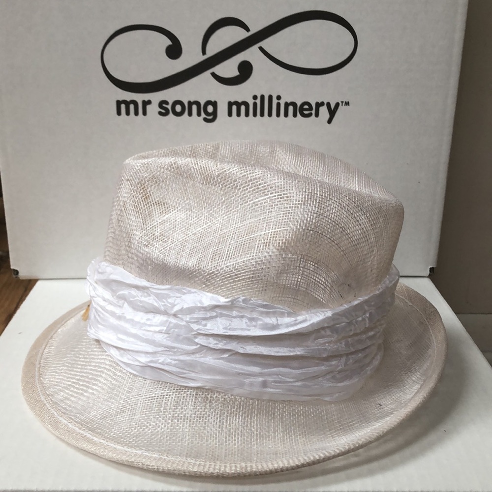Mr Song Millinery Mesh Hat White Beaded - Gem